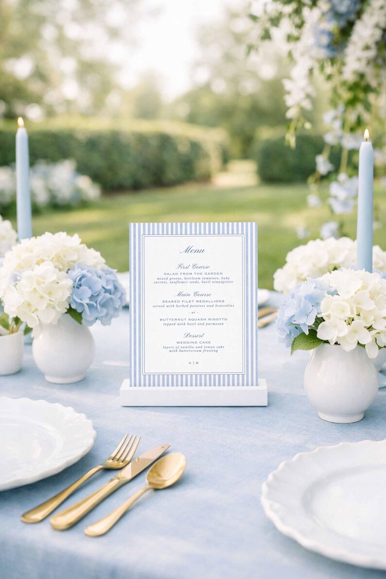Watercolor Stripes Wedding Menu Card, Blue Theme, Editable 5x7 Digital ...