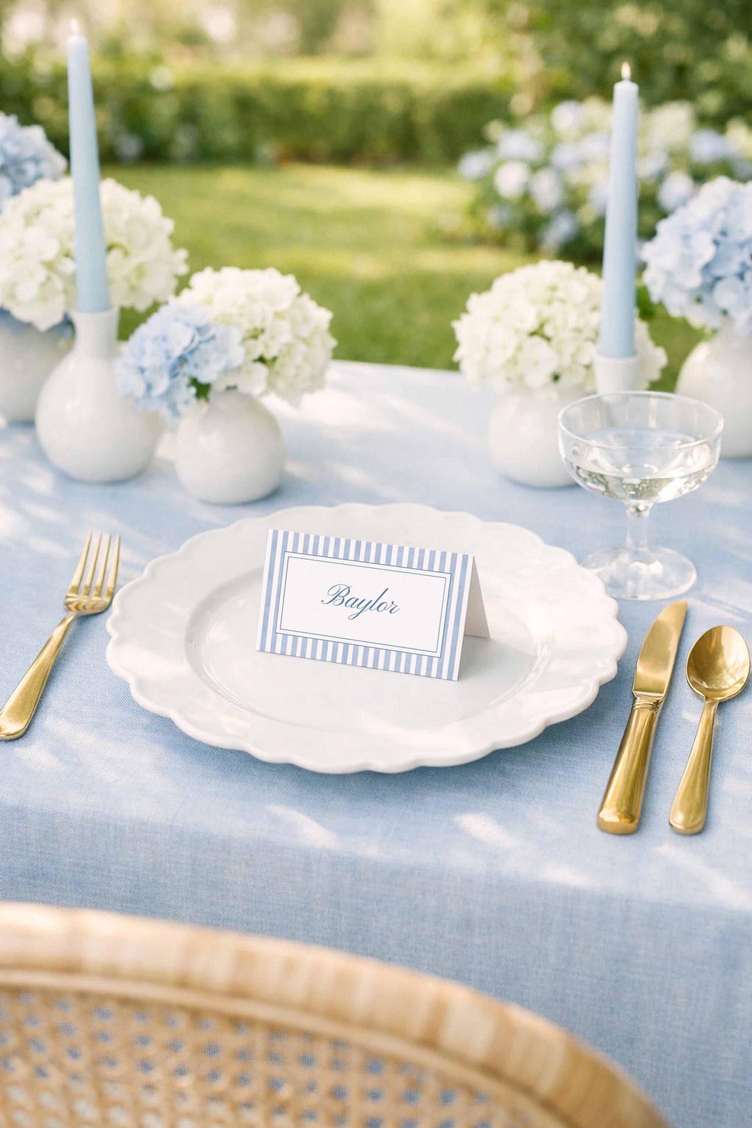 Watercolor Striped Wedding Place Card Template, Blue Theme, Folded ...
