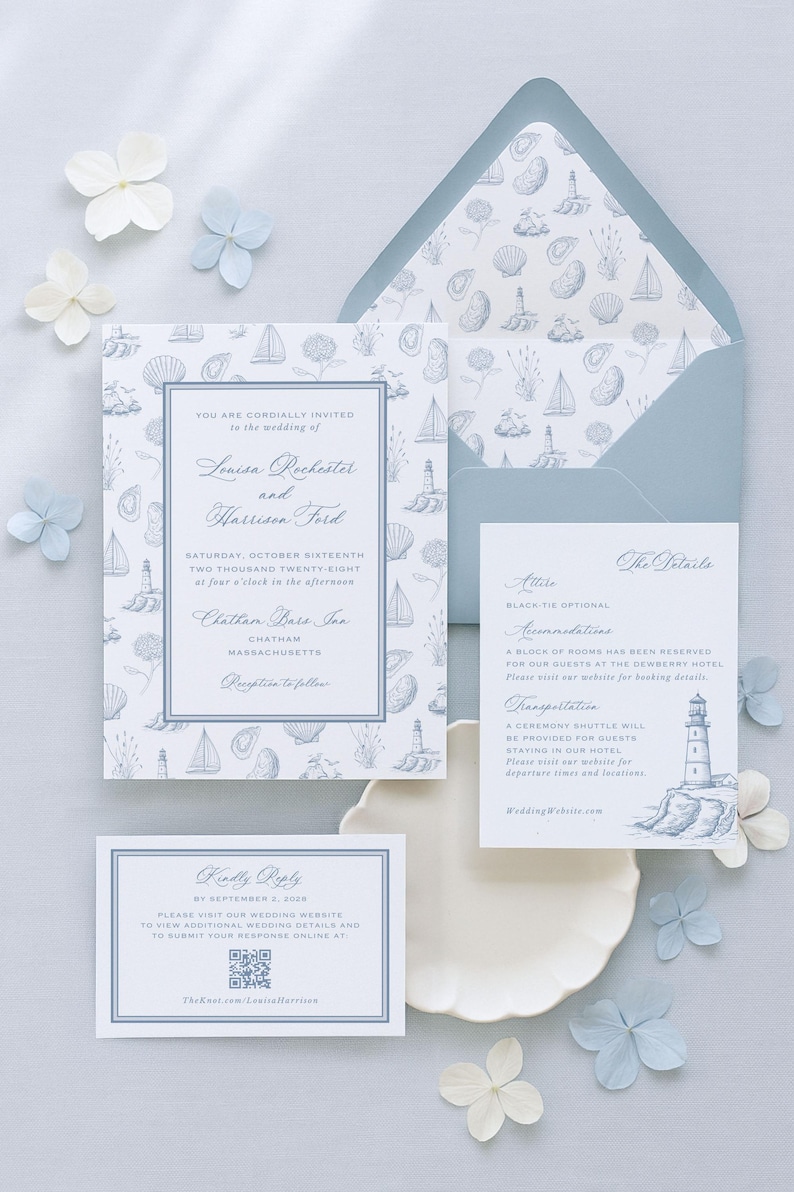 Coastal Wedding Invitation Suite Template, Hand Drawn Coastal Toile ...