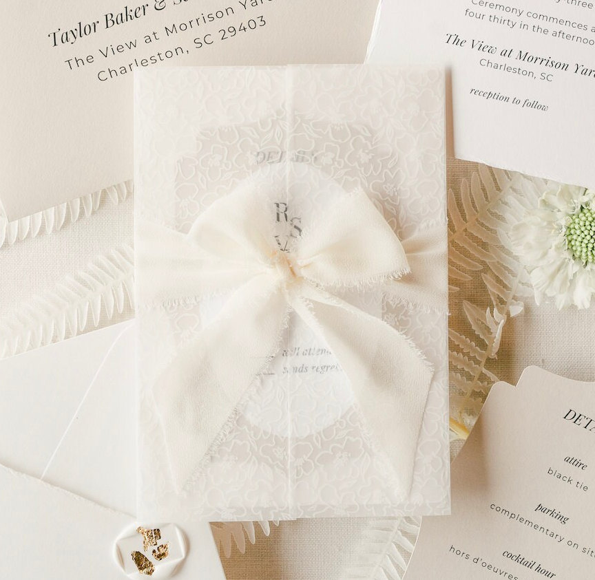 White Ink Printed Vellum Wrap | Floral Invitation Embellishment ...
