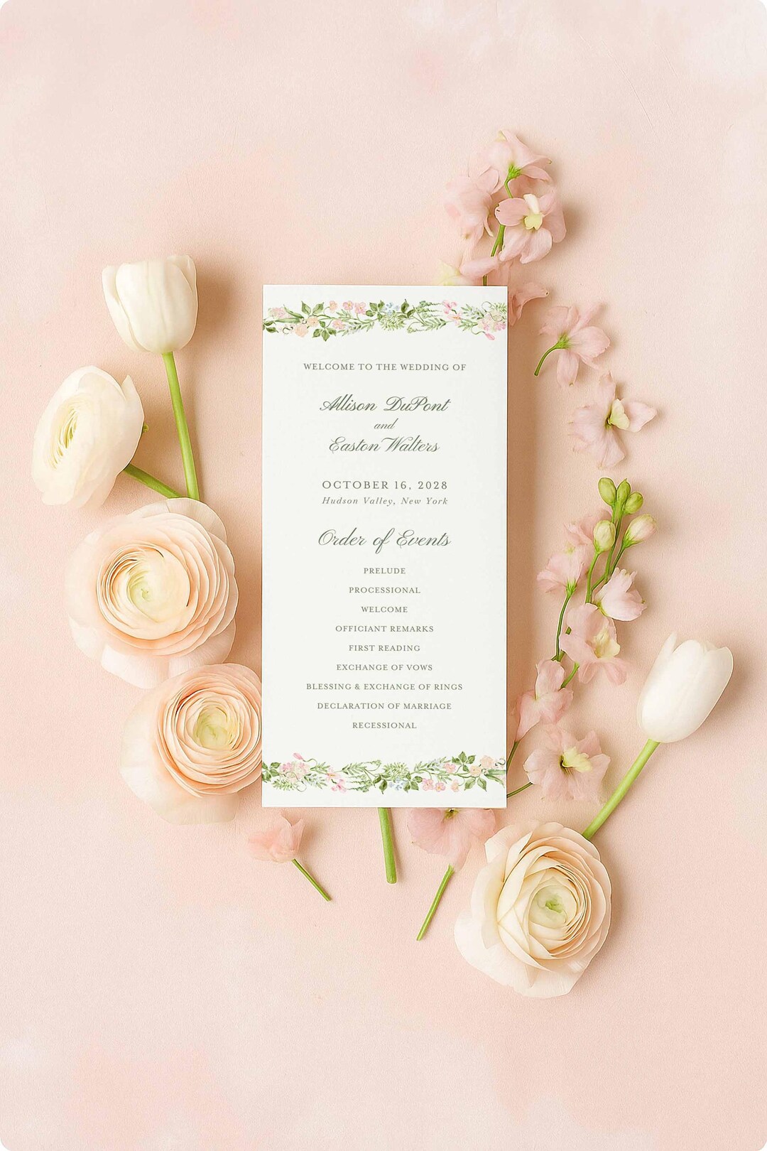 Hand Painted Wedding Ceremony Program, 4x9 Tall Double-sided Template ...