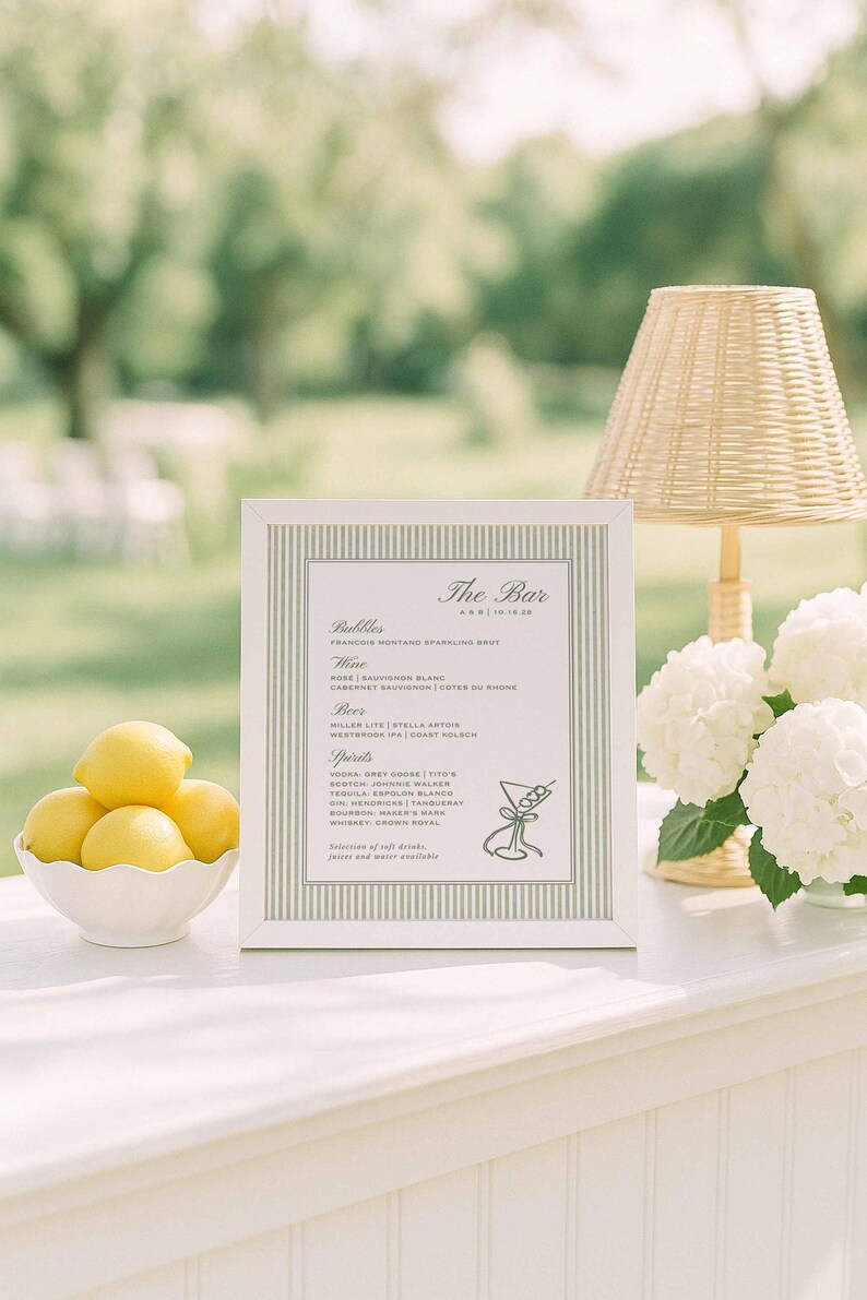 Green Stripe Bar Menu Template, Signature Drinks Wedding Sign, Hand ...