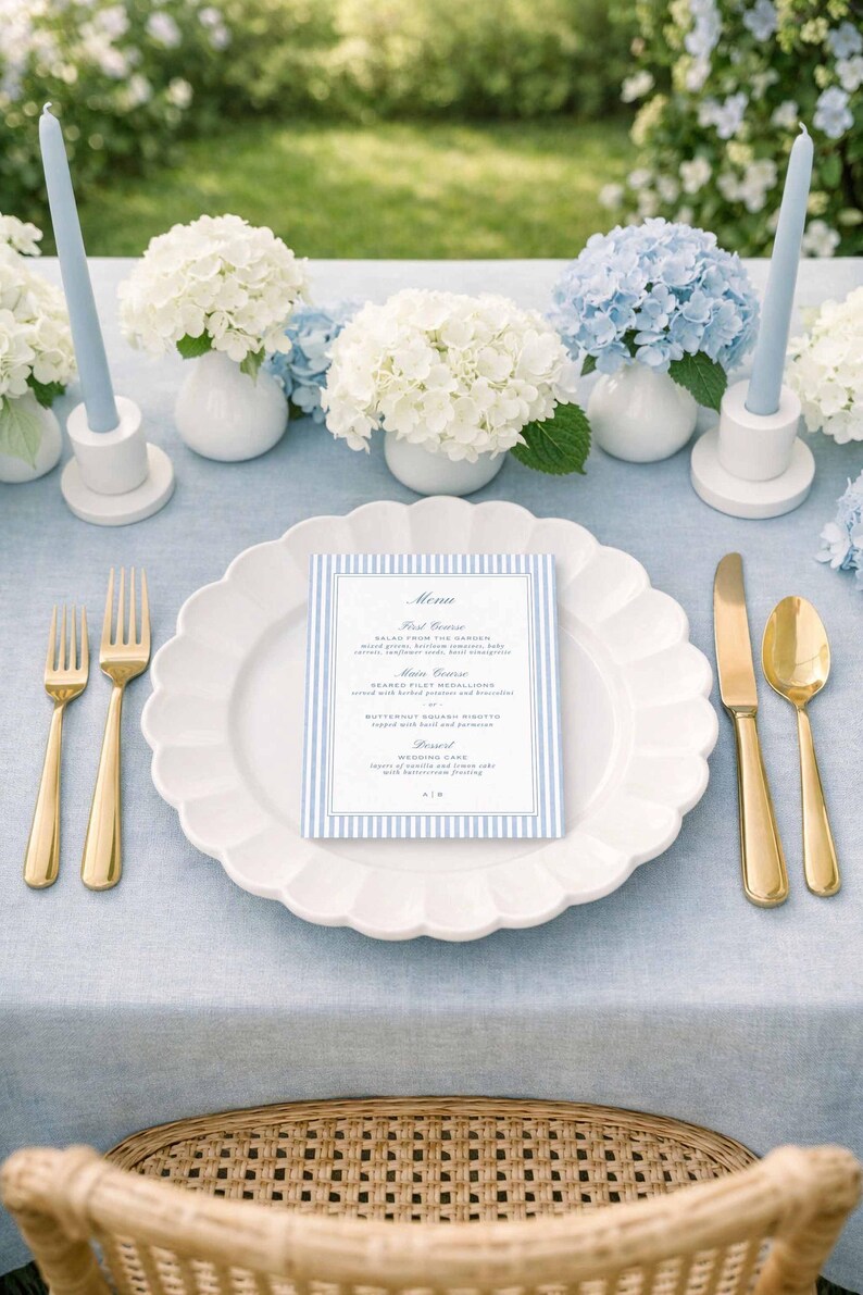 Watercolor Stripes Wedding Menu Card, Blue Theme, Editable 5x7 Digital ...