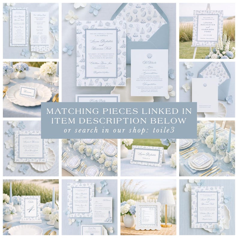 Elegant Hand Drawn Coastal Toile Place Card Template, Wedding Seat ...