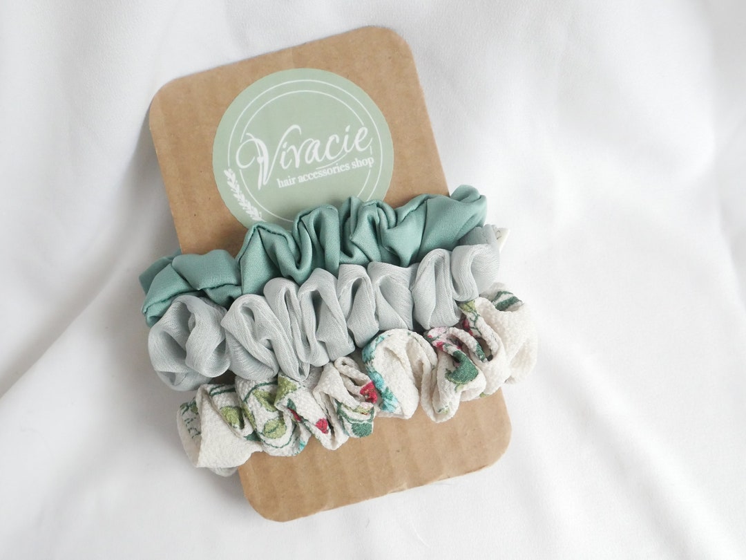 Mini Scrunchies, Set of 3, Green Shades, Skinny Scrunchies, Soft ...