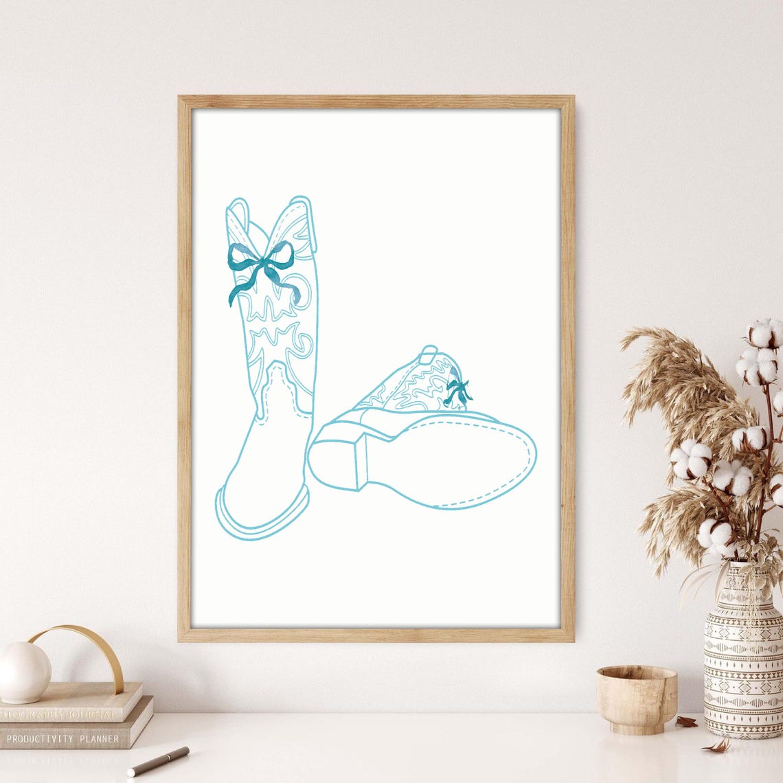 Blue Cowboy Boot Print, Trendy Minimalist Southern Wall Poster, Modern ...