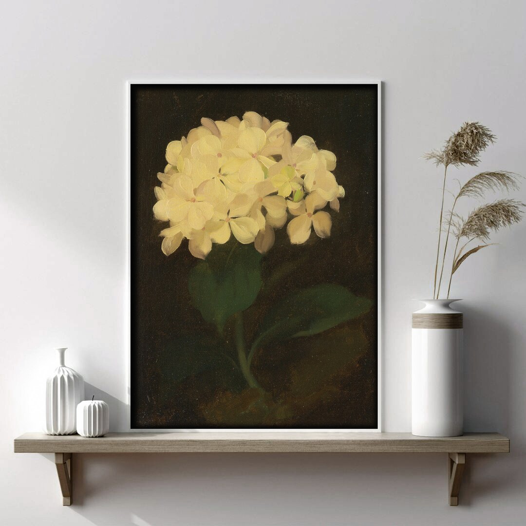 White Hydrangea Poster, Moody Flower Painting, Vintage Art Print, Dark ...