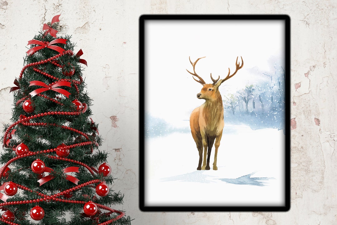Reindeer Poster in the Snow, Printable Retro Wall Art, Reindeer ...