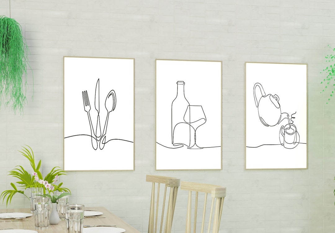 Kitchen Wall Art Set of 3, Line Drawing Kitchen Prints, Housewarming ...