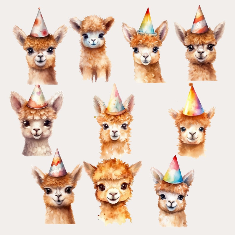 Watercolor Party Lama Clipart, Funny Birthday Animal Clipart ...
