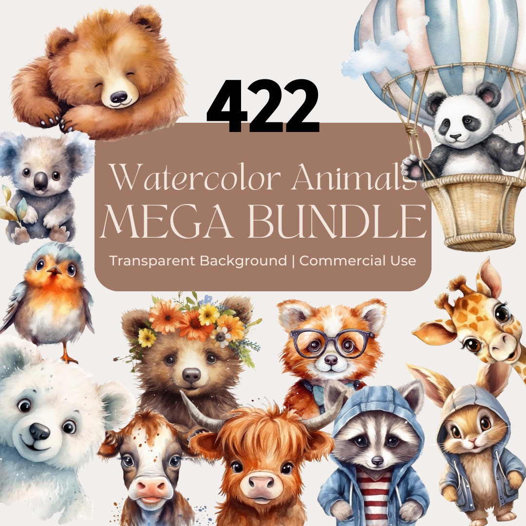 422 Watercolor Animals Mega Bundle, Commercial Use, Transparent PNG ...