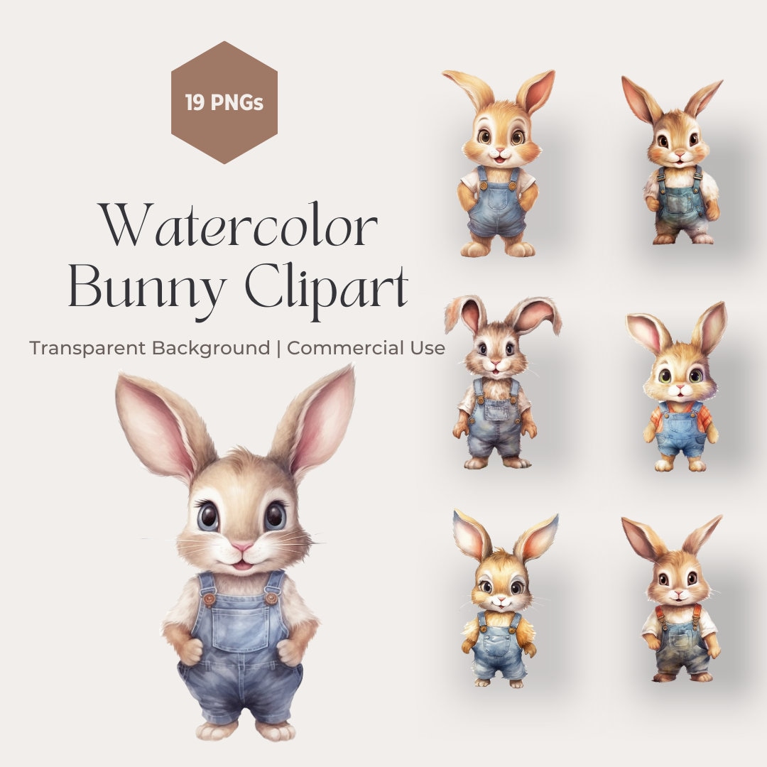 Funny Bunnies Watercolor Clipart, Nursery Clipart, Bunnies in Overalls ...