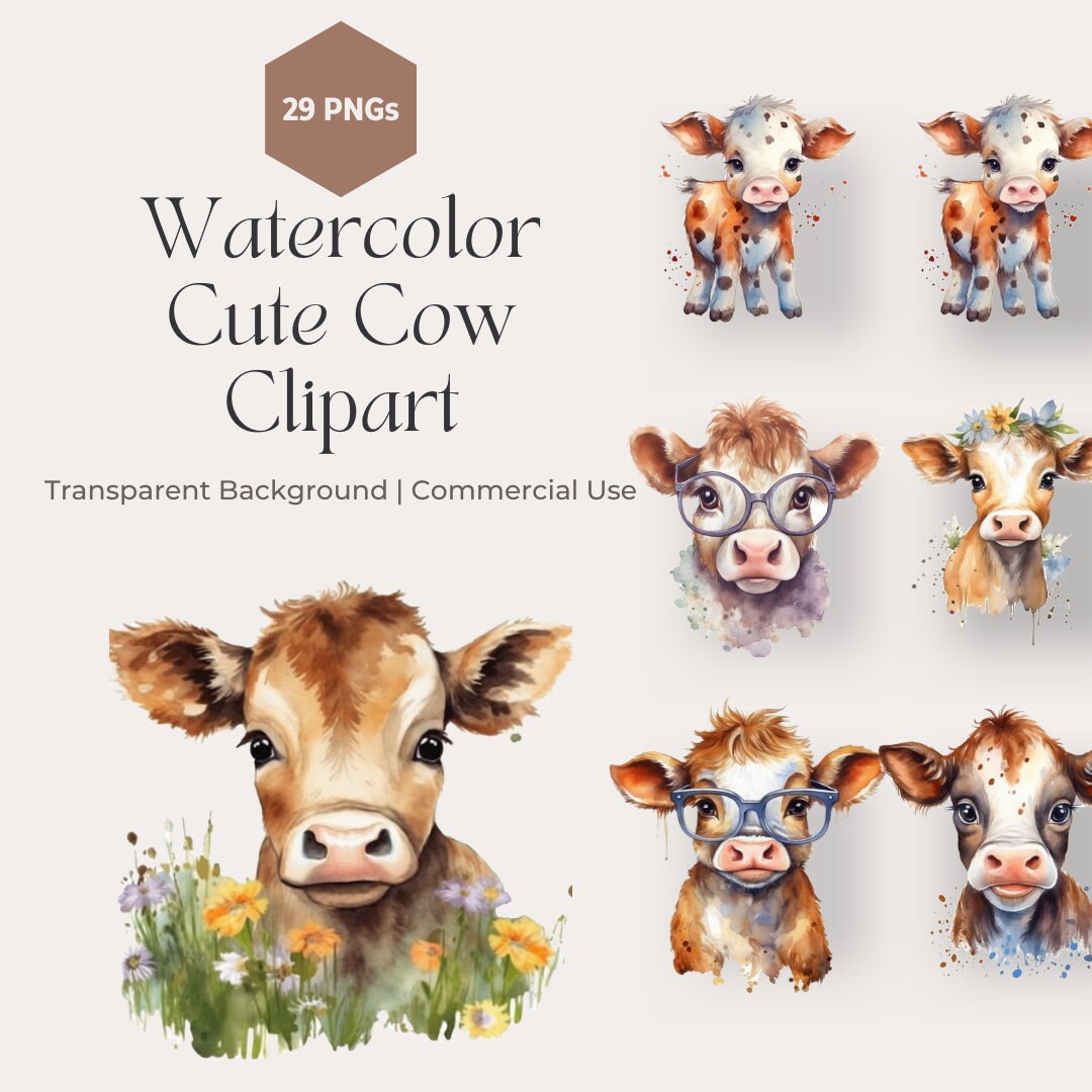 Watercolor Cute Cow Clipart, Commercial Use, Transparent PNG, Nursery ...