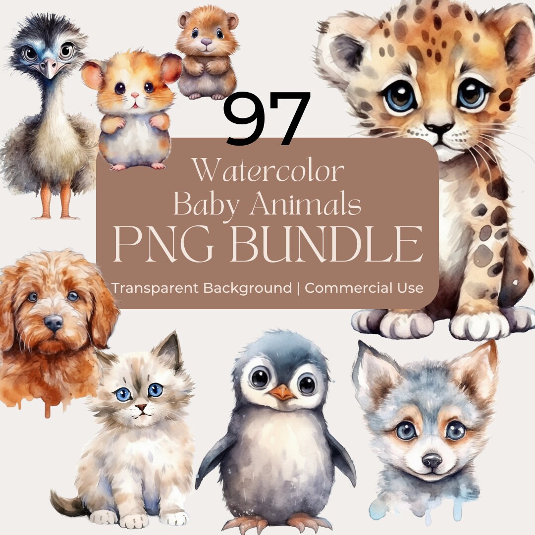 97 Watercolor Baby Animals PNG Bundle, Digital Paper, Clipart, Nursery ...