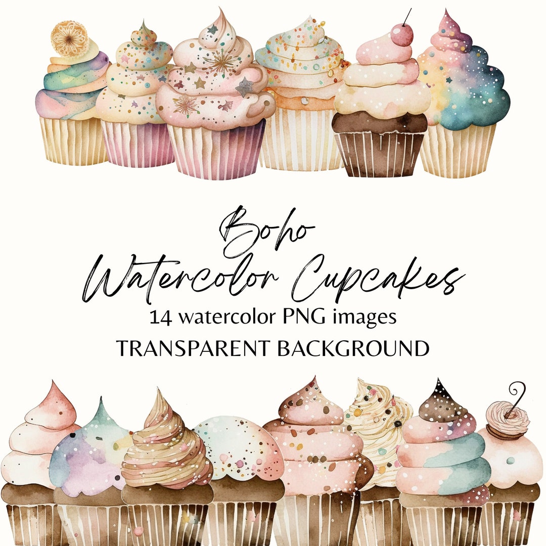 14 Boho Watercolor Cupcakes PNG, Clipart, Transparent Background ...