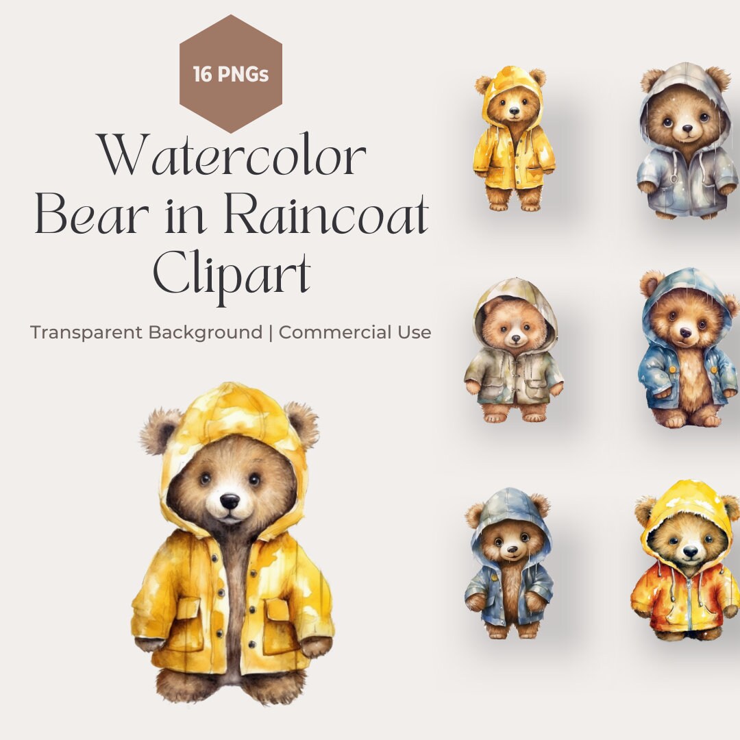 Watercolor Bear in Raincoat Clipart Cute Nursery Decor Baby - Etsy