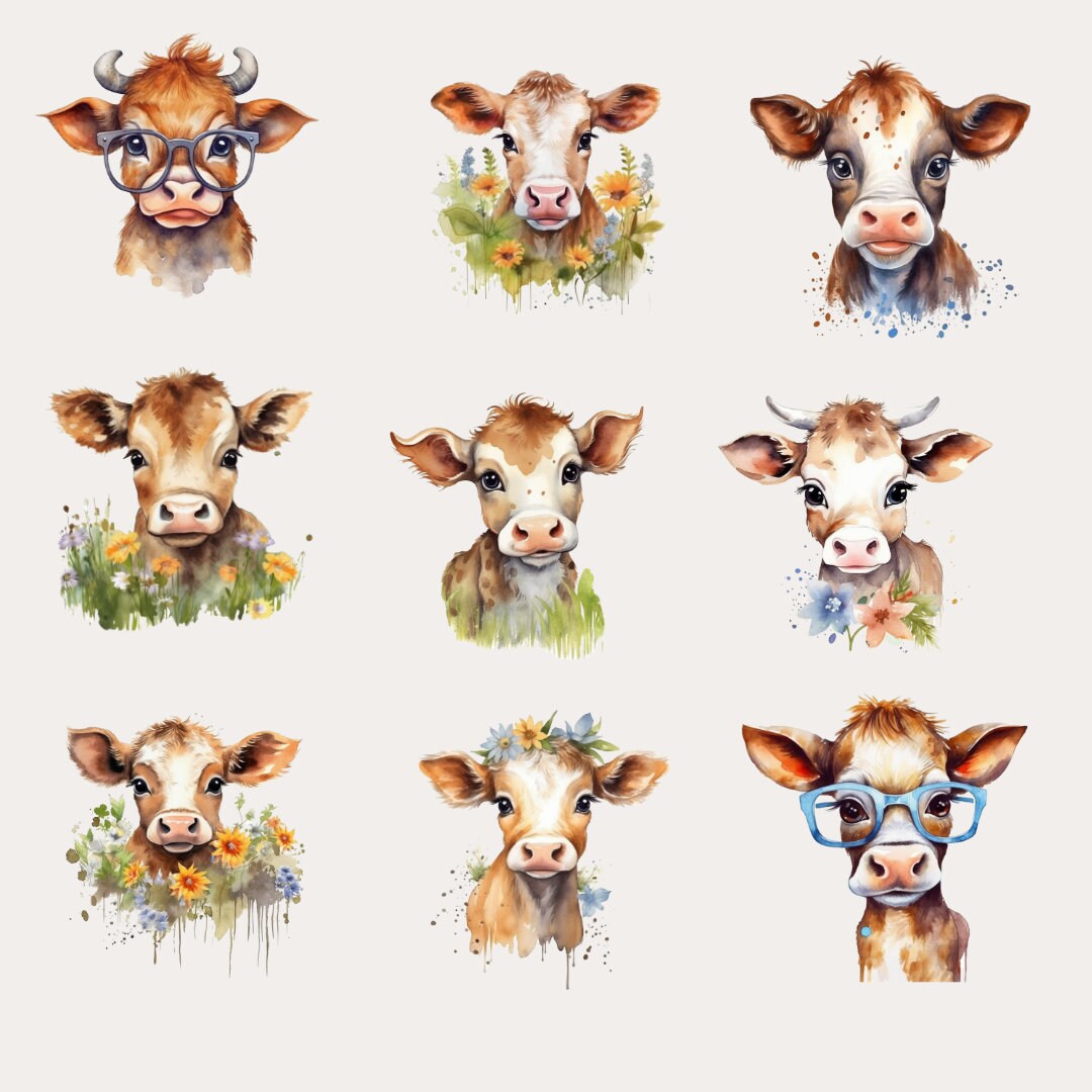 Watercolor Cute Cow Clipart, Commercial Use, Transparent PNG, Nursery ...