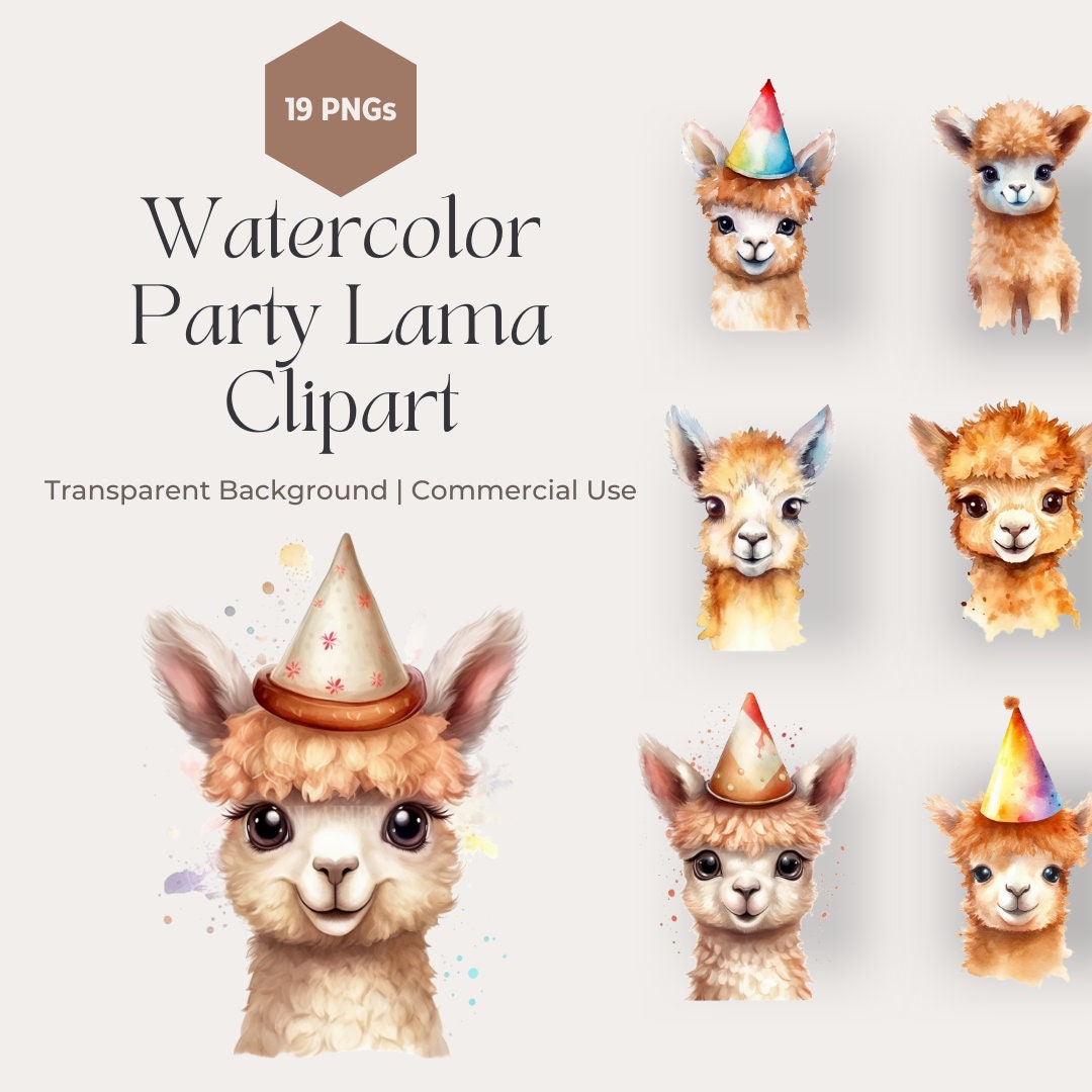 Watercolor Party Lama Clipart, Funny Birthday Animal Clipart ...