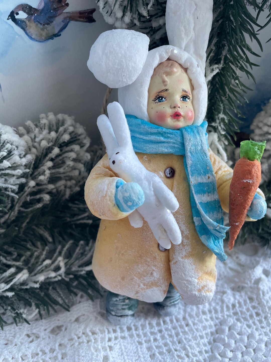 Vintage Style Cotton Wool Christmas Tree Ornament, Handmade Bunny Doll ...