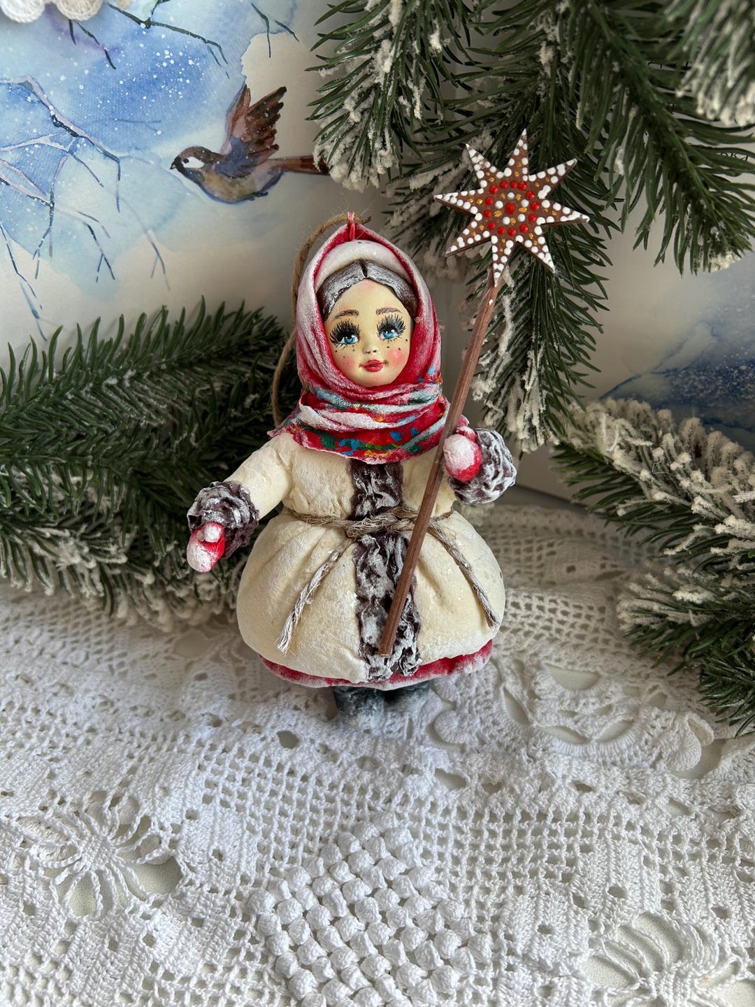 Vintage Style Cotton Wool Christmas Tree Ornament, Handmade Girl With ...