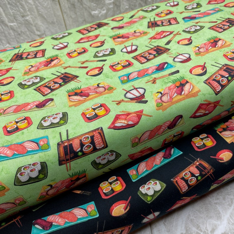 Japanese Asian Sushi Platter Fabric, Food Print, Asian Fabric, Oriental ...