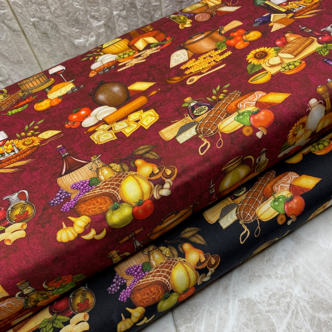 Italian Food and Wine Print Fabric in Burgundy and Black, Food Print ...