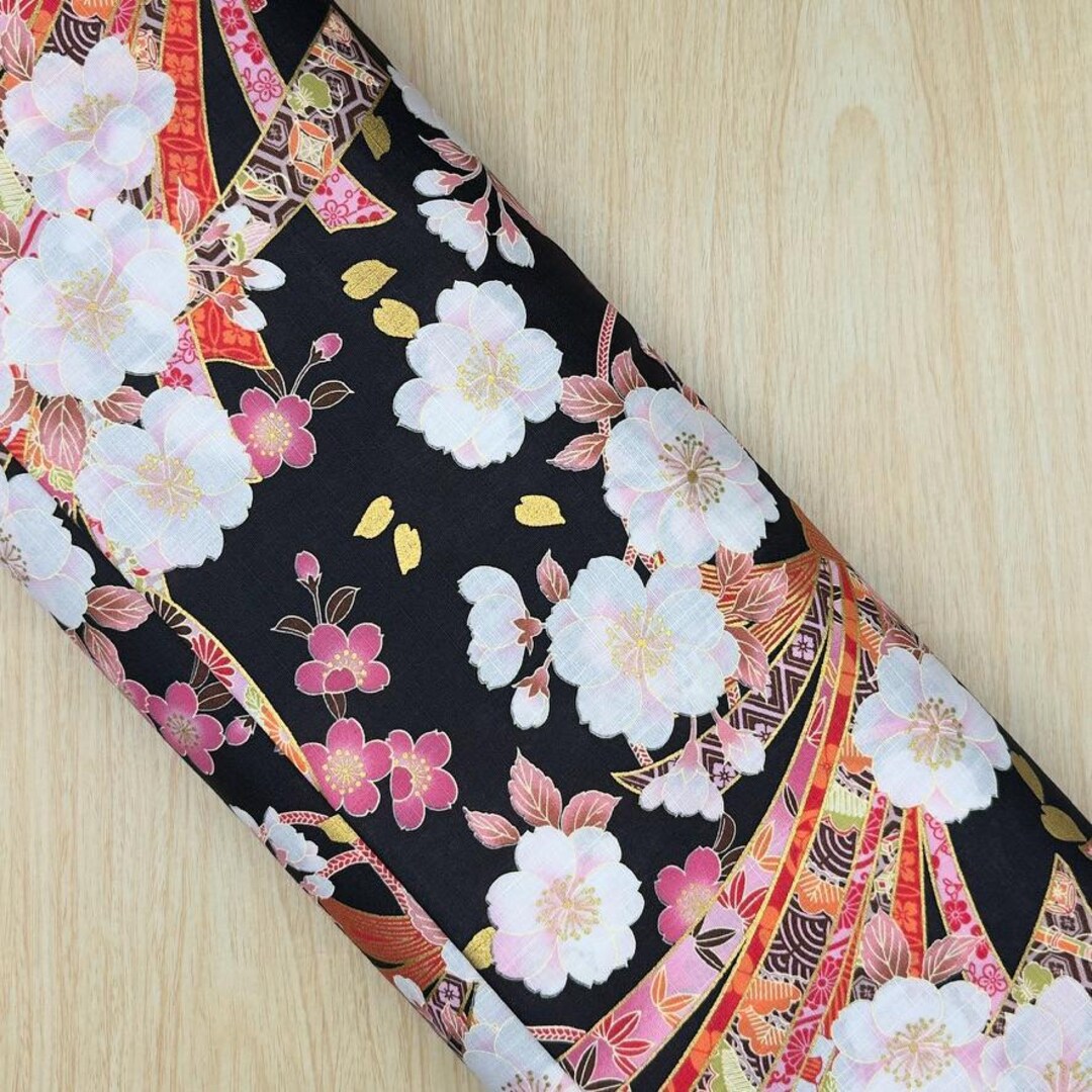 Elegant Sakura & Kimono Ribbons on Black – Japanese Sheeting Fabric ...