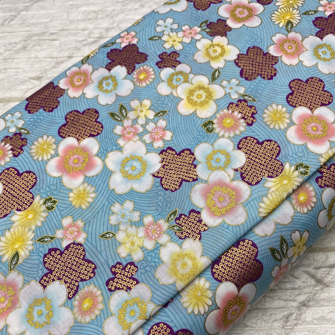 Japanese Sakura Fabric: Blue Cherry Blossom Print With Gold Accents, by ...