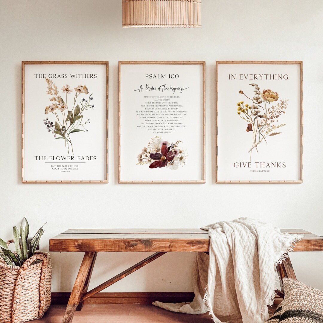Thanksgiving Scripture Print, Christian Wall Art Set of 3, Psalm 100 ...