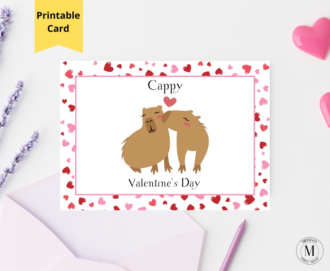 Printable Capybara Valentine's Day Card, Cappy Valentine's Day, Cute ...