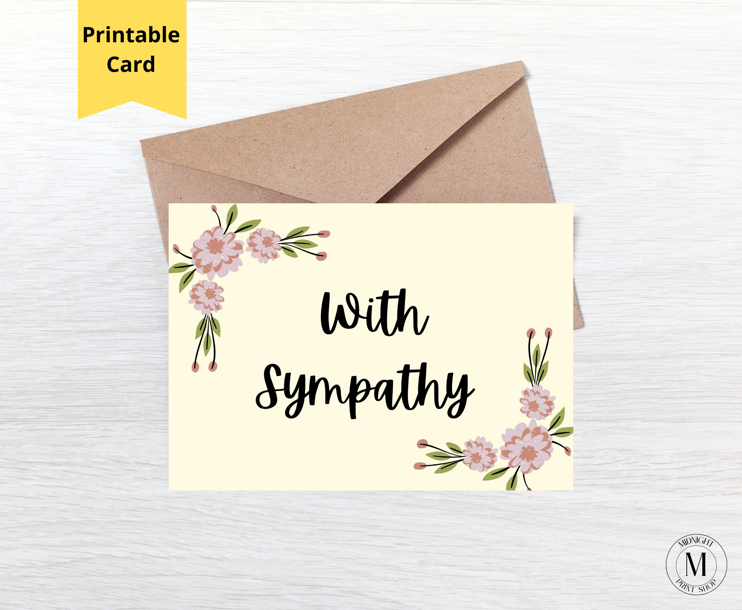 With Sympathy Card Printable, Floral Condolence Card Instant Download ...
