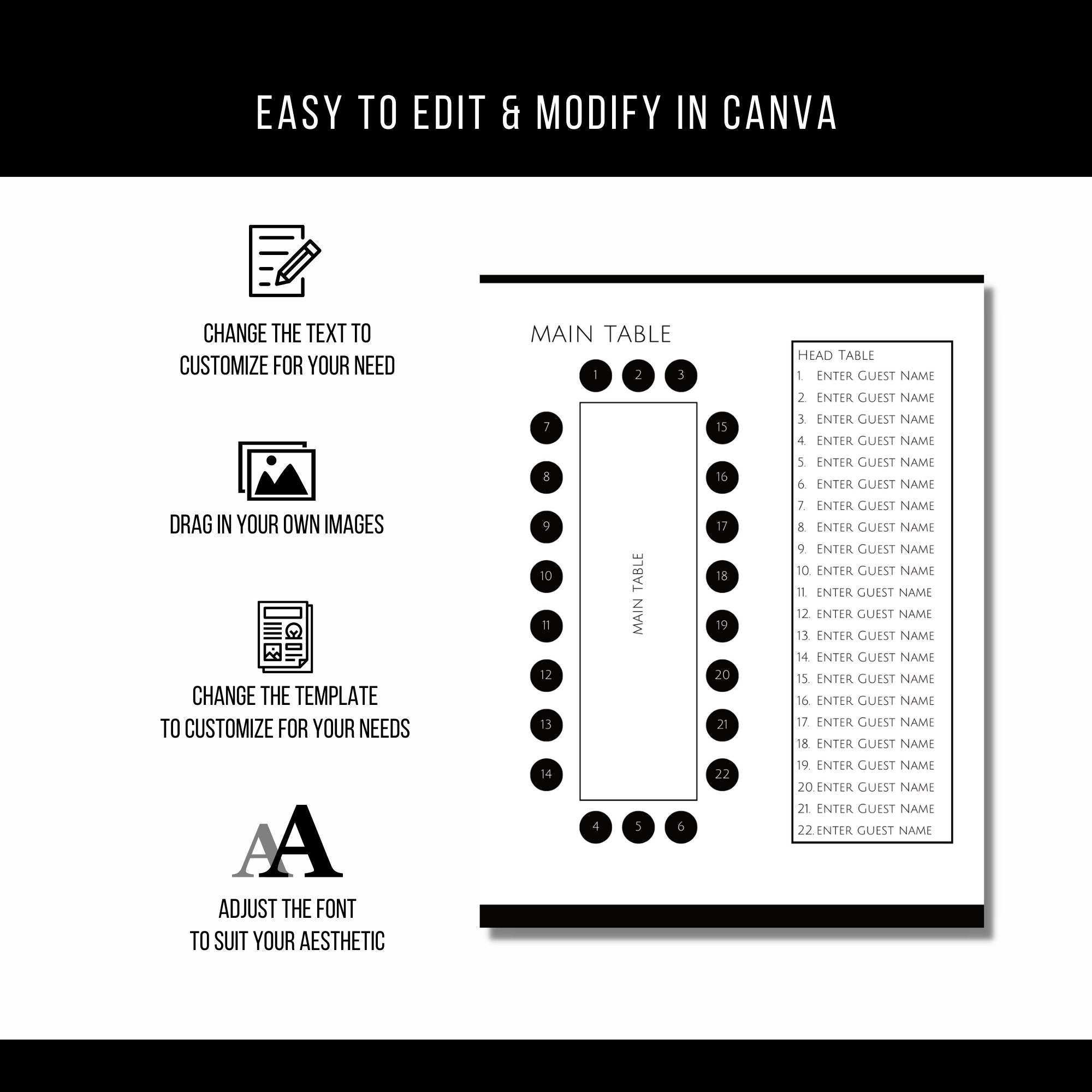 Editable Wedding Seating Chart Planner, Printable Seating Plan, Seating ...