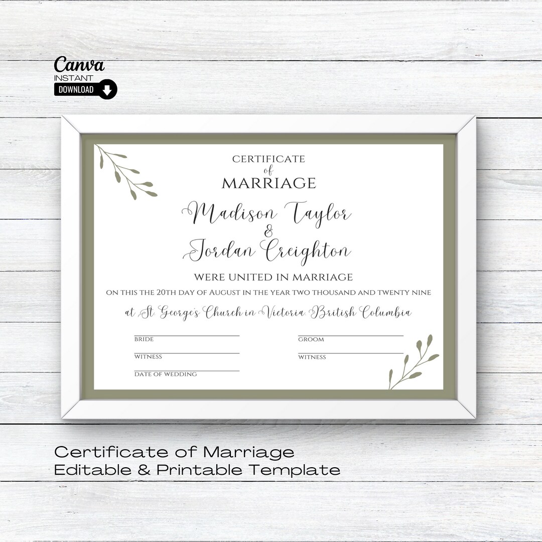 Editable Wedding Certificate Template: Botanical Accents (canva) - Etsy