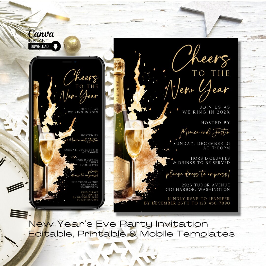 Editable New Years Eve Party Invitation Template, Printable NYE Black ...