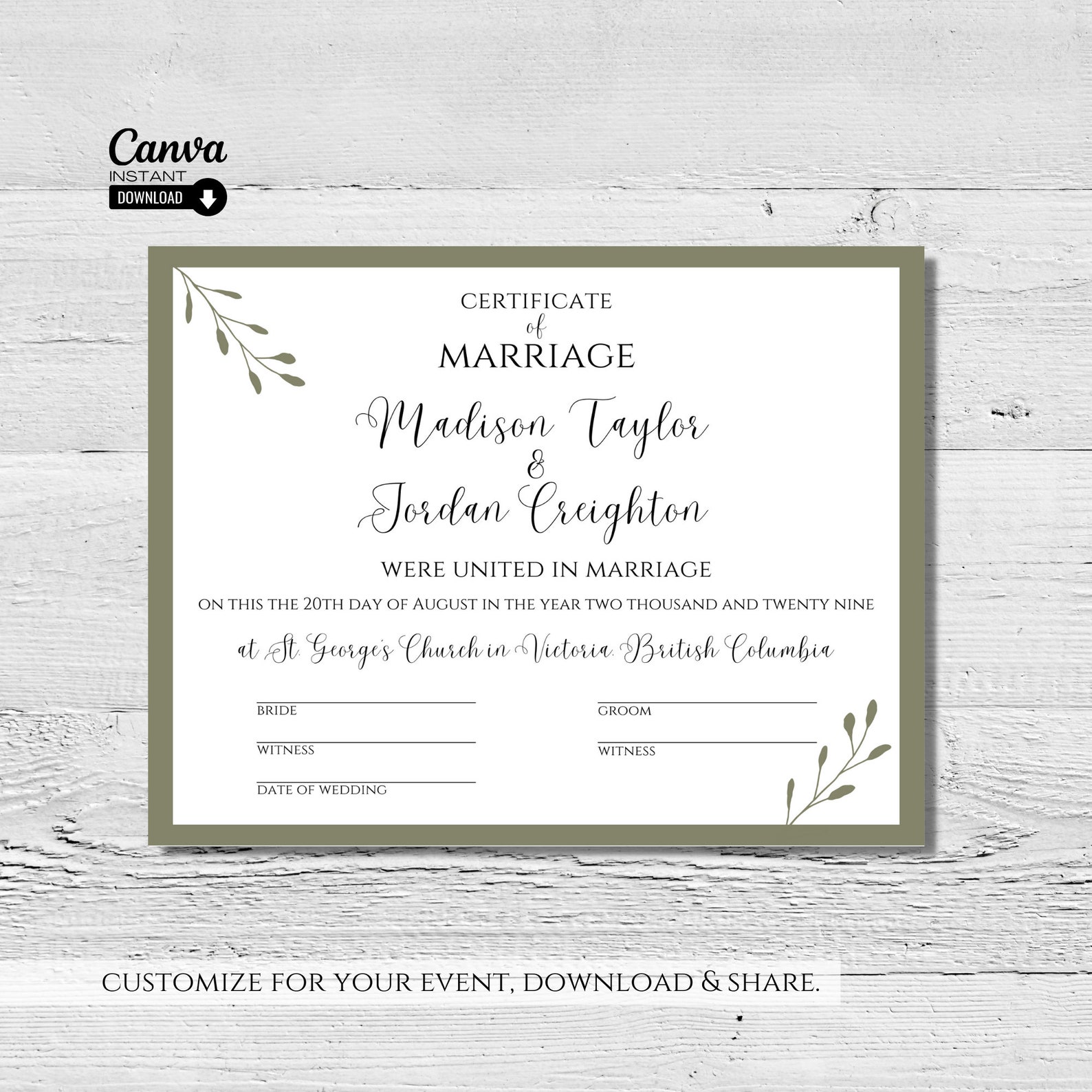 Editable Wedding Certificate Template: Botanical Accents (canva) - Etsy