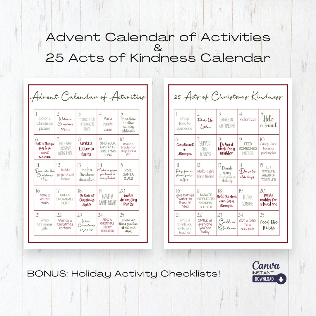 Christmas Acts of Kindness Calendar Printable, Editable Advent Calendar ...