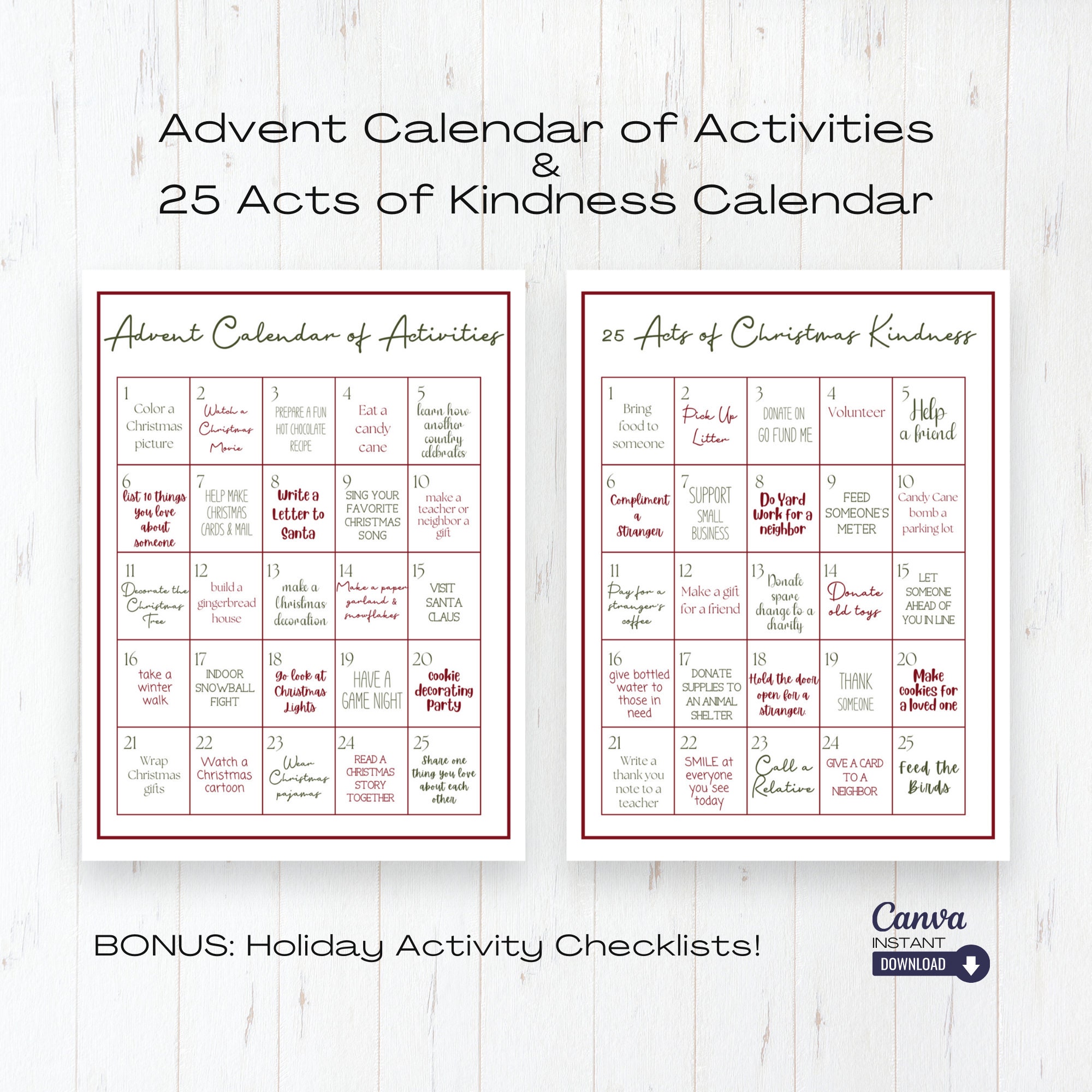 Christmas Acts of Kindness Calendar Printable Editable Advent - Etsy