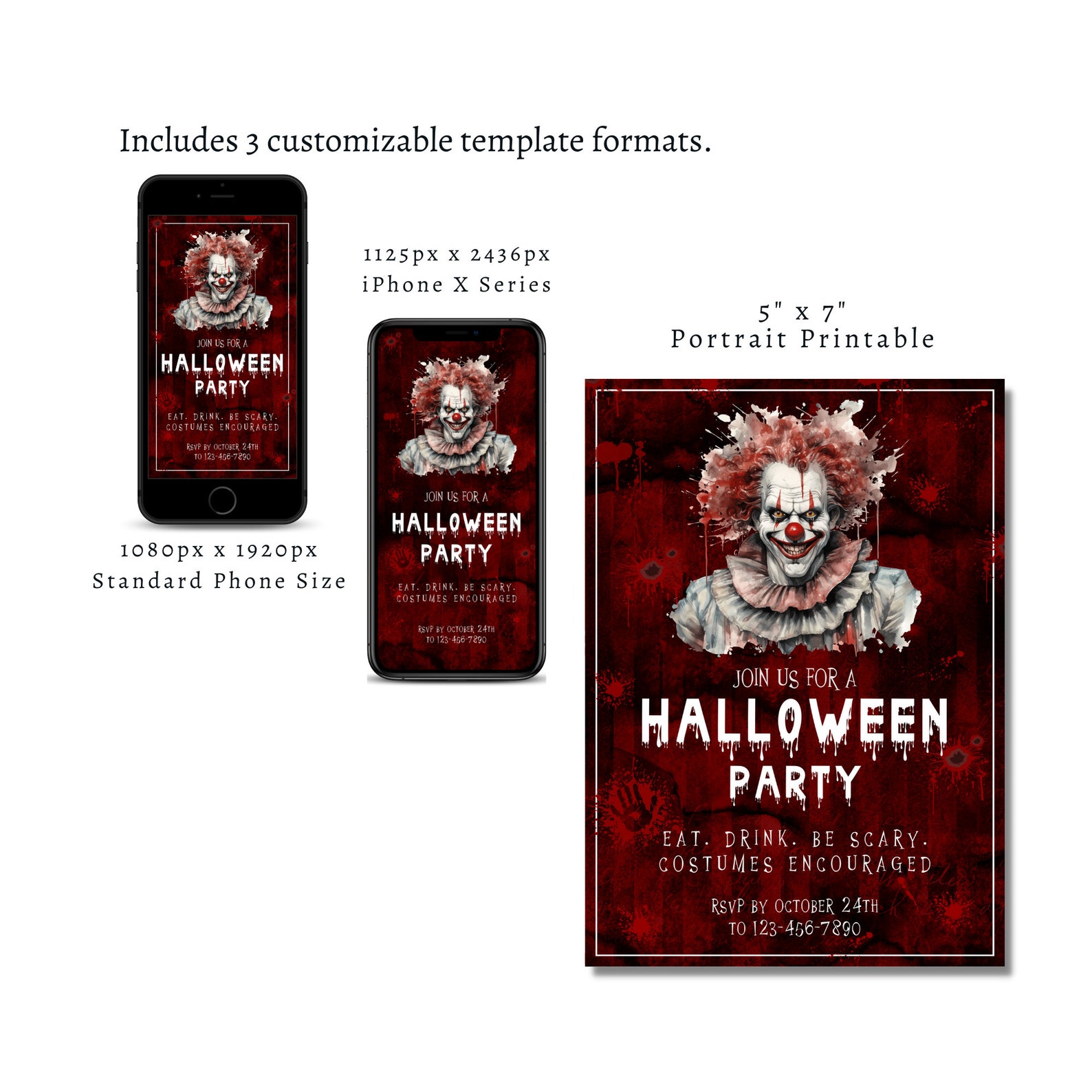 Editable Scary Clown Halloween Party Invitation Template, Printable ...