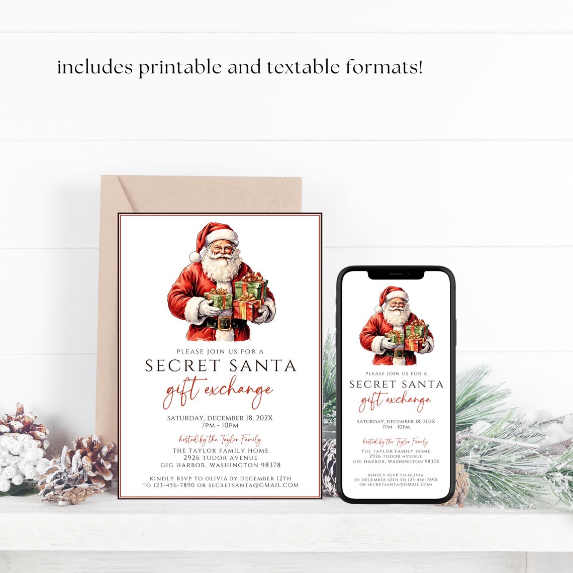 Editable Secret Santa Invitation: Watercolor Santa, Printable & Mobile ...