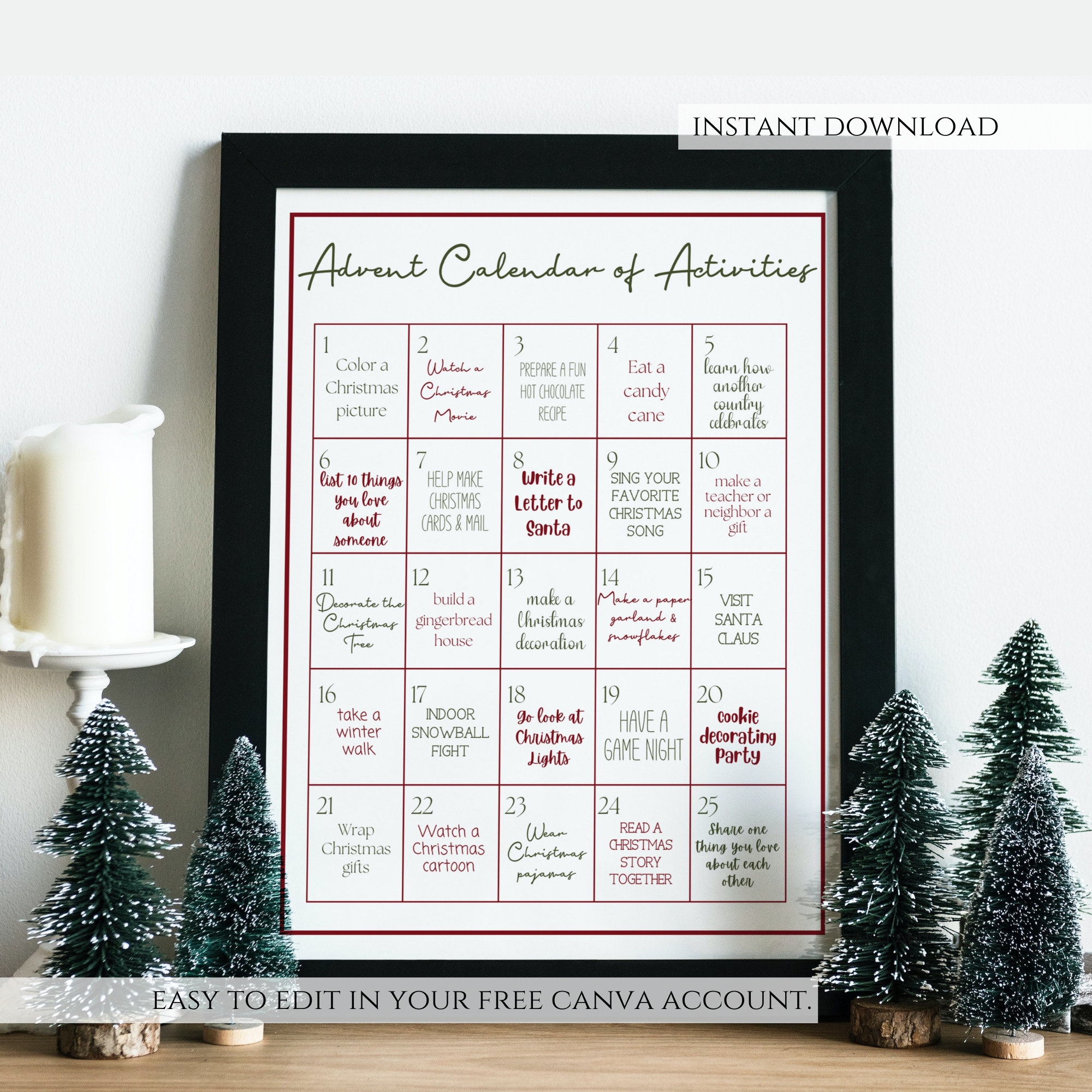 Christmas Acts of Kindness Calendar Printable Editable Advent - Etsy