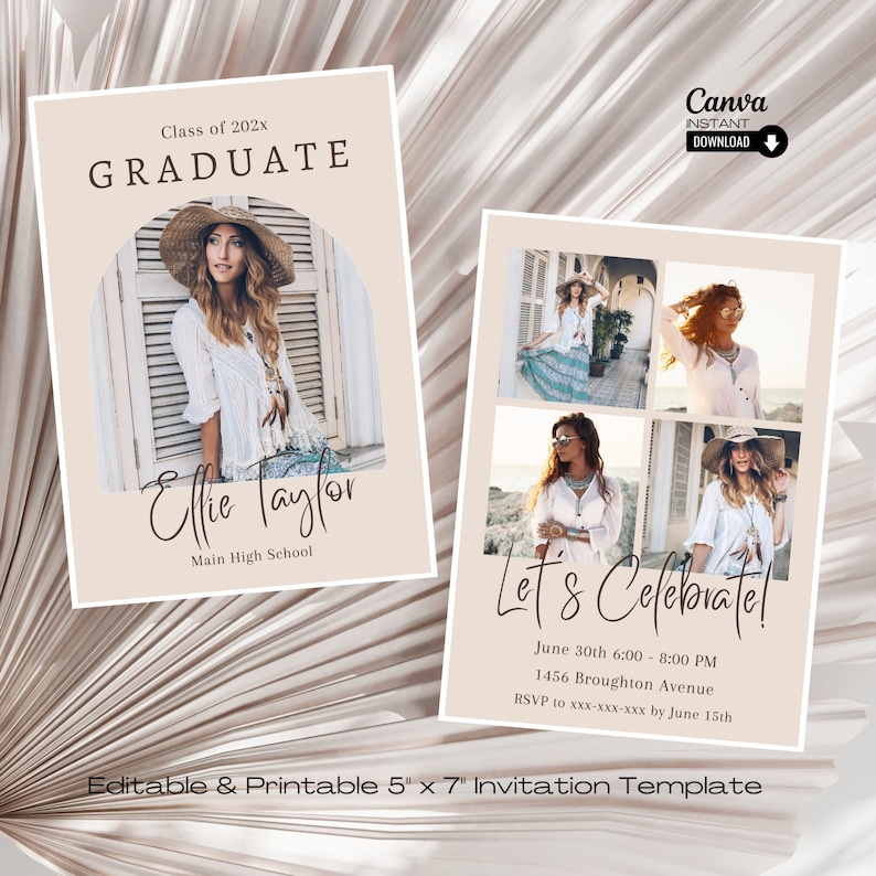 Boho Graduation Invitation Template: Modern Canva Invite (digital ...