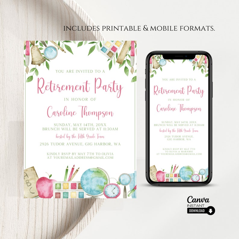 Editable Teacher Retirement Party Invitation Template, Printable ...