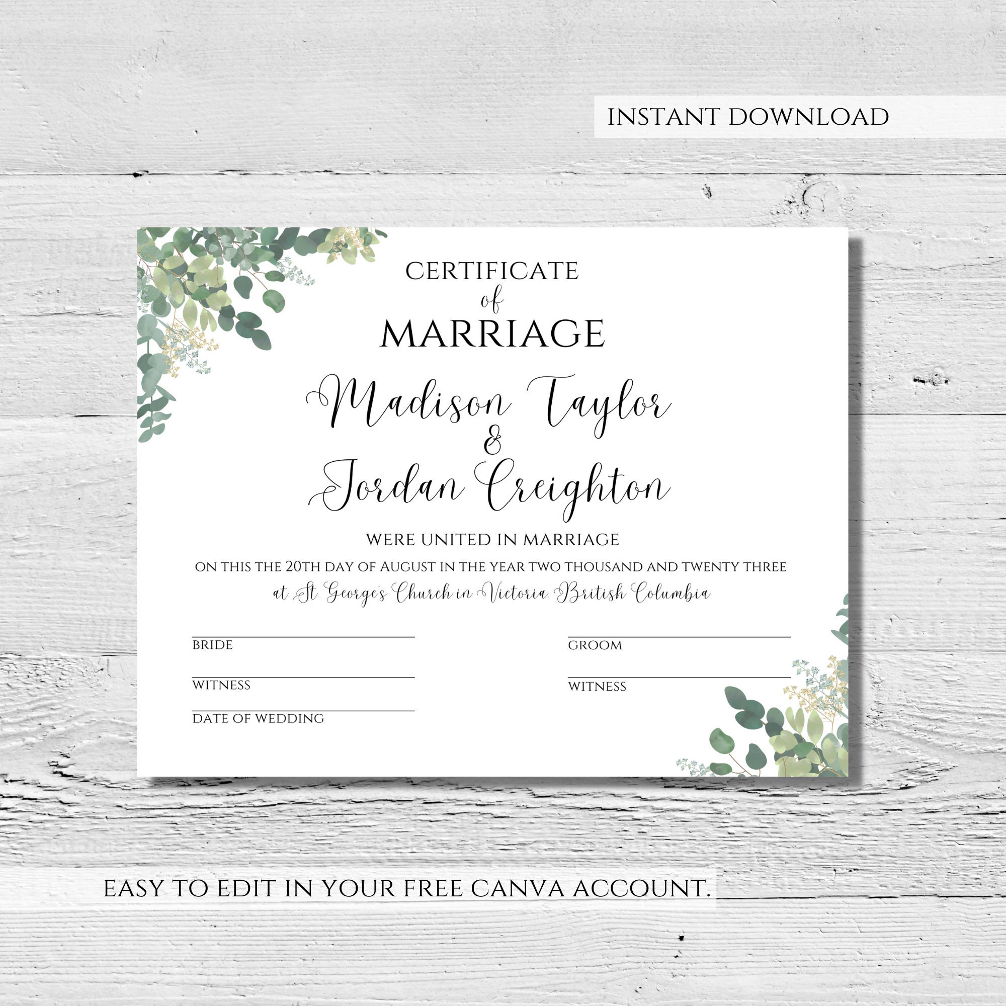 Editable Wedding Certificate Template: Eucalyptus Design (canva) - Etsy