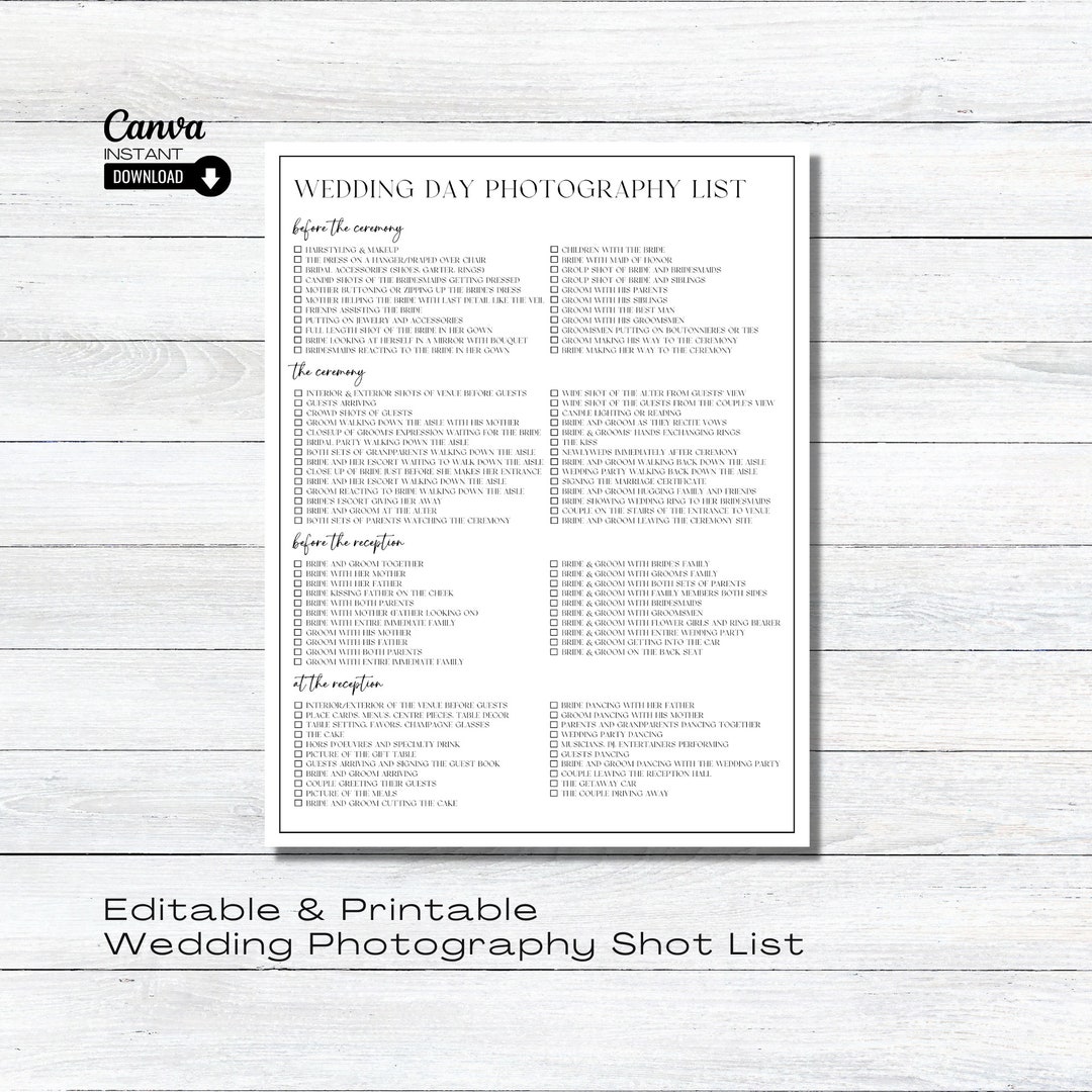 Editable Wedding Photography Checklist, Photographer Form, Printable ...