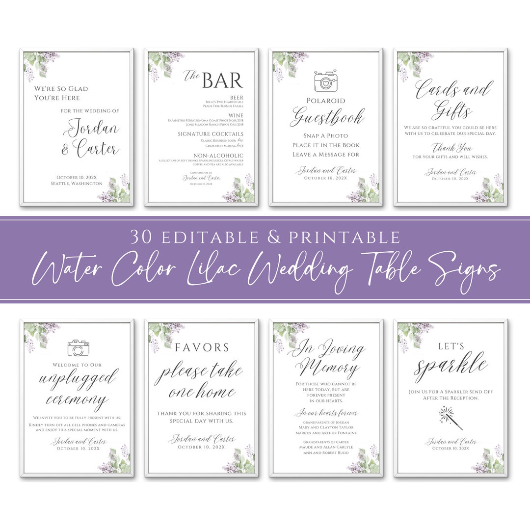 Editable Lilac Wedding Sign Bundle: Modern Reception Decor (digital ...