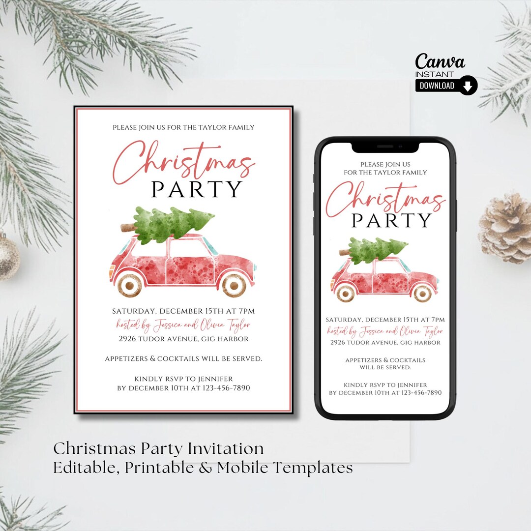 Editable Christmas Party Invitation Template, Printable Holiday Party ...