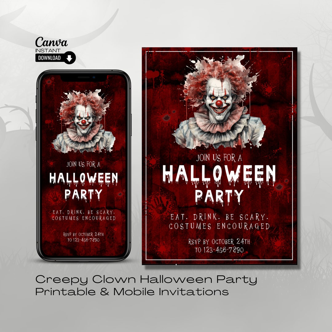 Editable Scary Clown Halloween Party Invitation Template, Printable ...