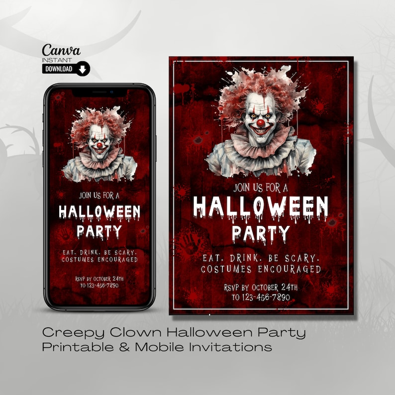 Editable Scary Clown Halloween Party Invitation Template, Printable ...