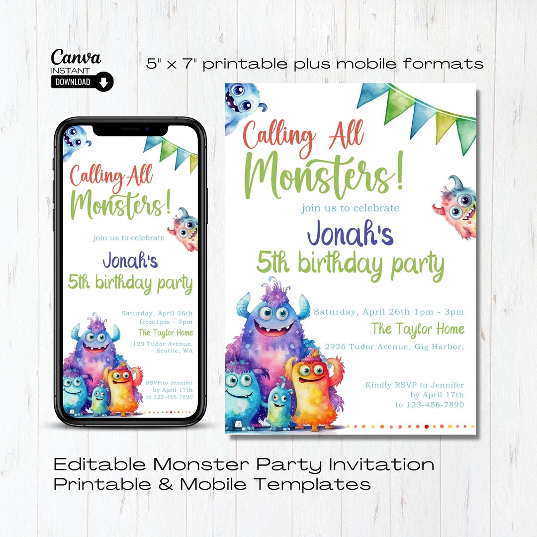 Editable Monster Birthday Party Invitation Template Printable - Etsy