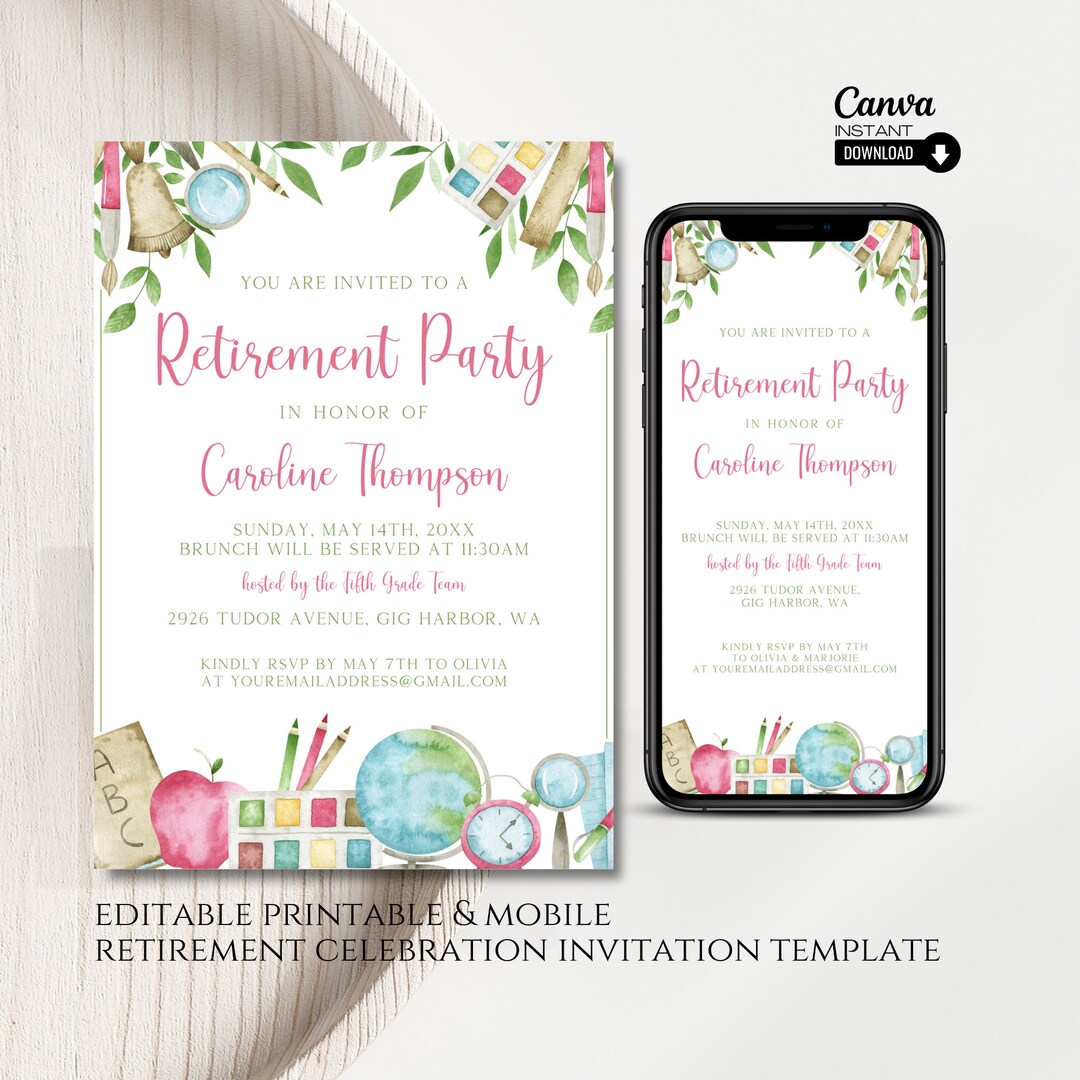 Editable Teacher Retirement Party Invitation Template, Printable ...